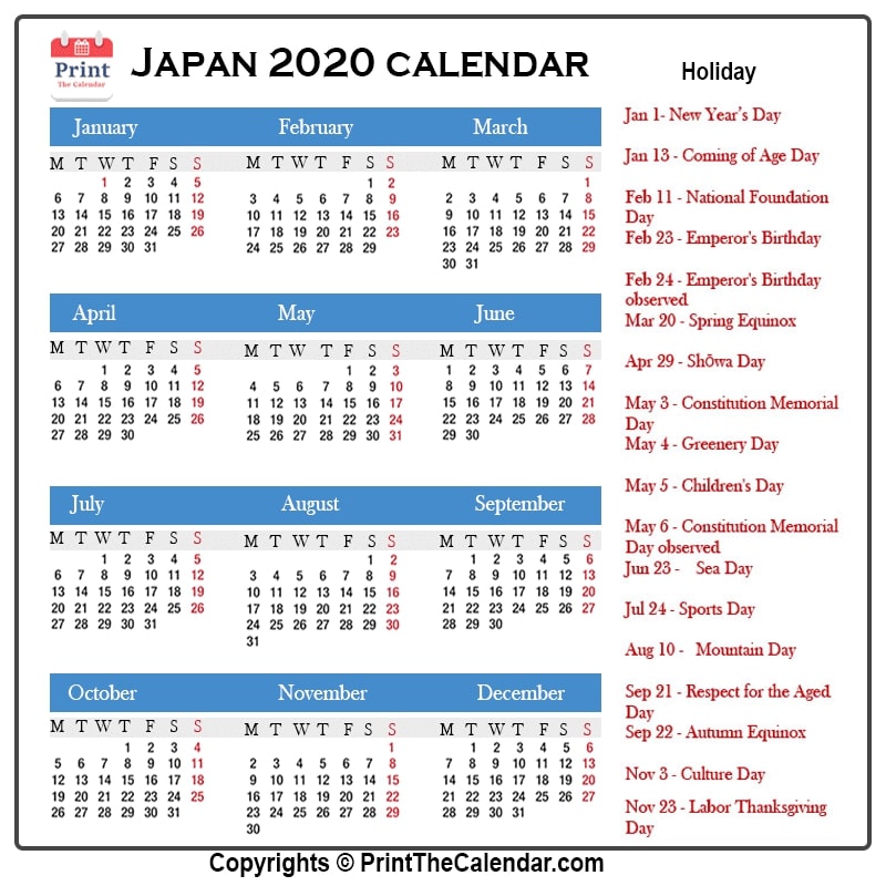 Japan Calendar 2020 With Japan Public Holidays